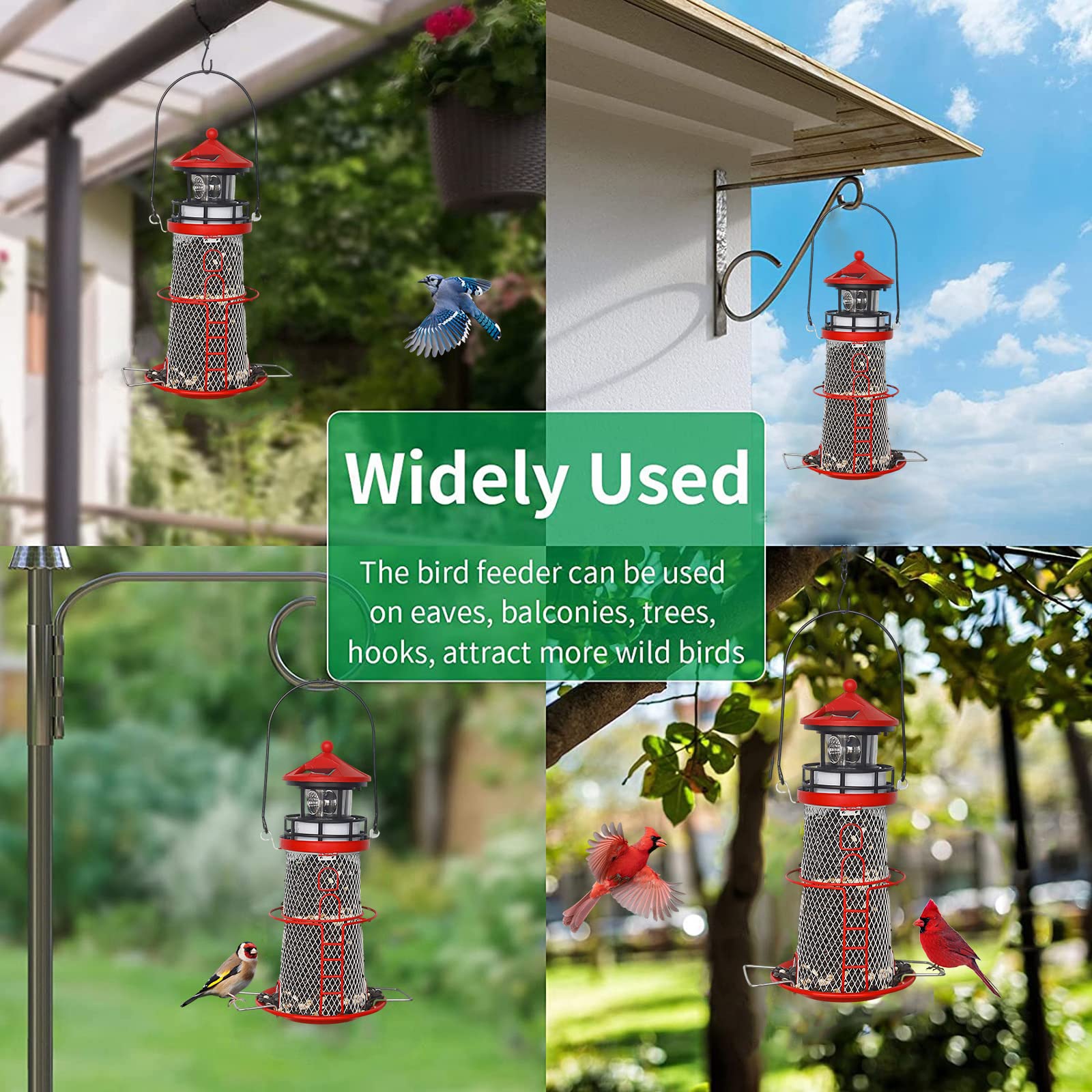 HSHD Solar Lighthouse Bird Feeder with Rotating Beacon Lamp - 14" Hanging Mesh Wild Bird Feeders for Outdoor Garden Decor Patio Lawn(Red)