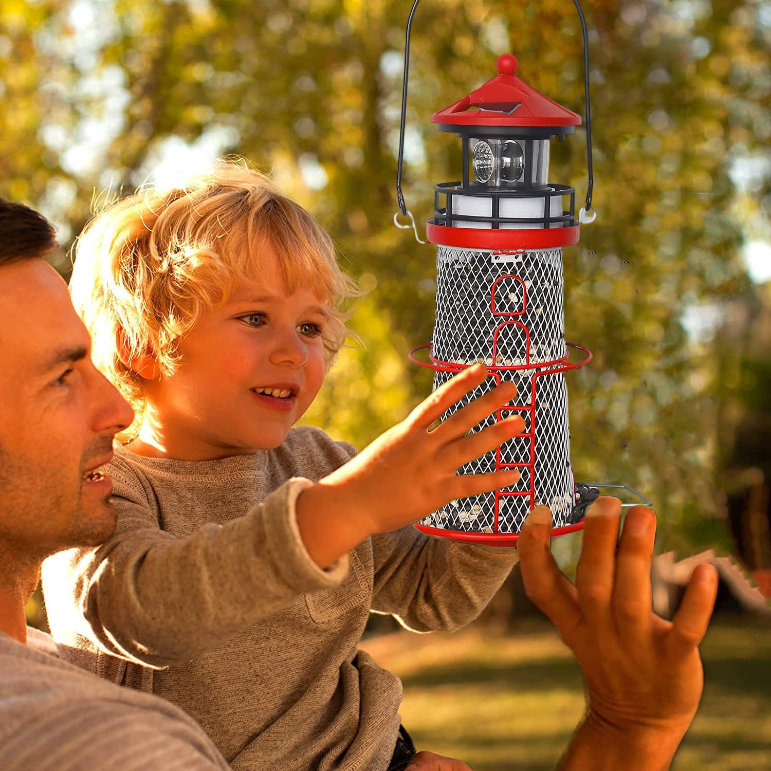 HSHD Solar Lighthouse Bird Feeder with Rotating Beacon Lamp - 14" Hanging Mesh Wild Bird Feeders for Outdoor Garden Decor Patio Lawn(Red)
