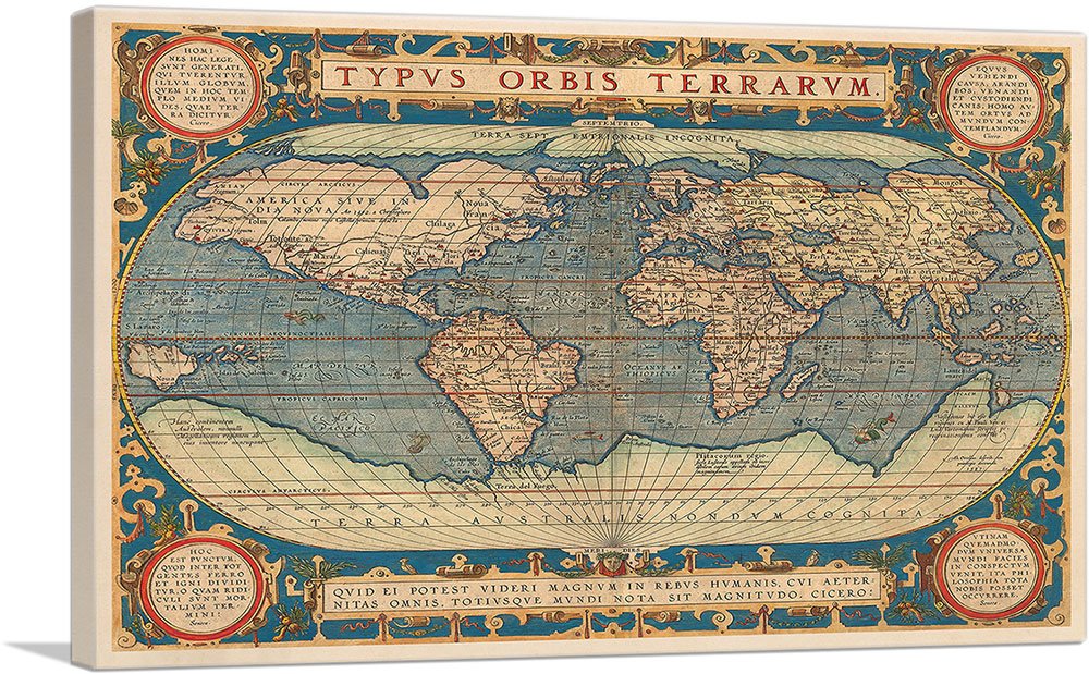 ARTCANVAS Typus Orbis Terrarum 1587 Canvas Art Print Stretched Framed Painting Picture Poster Giclee Wall Decor by Abraham Ortelius - 26" x 18" (0.75" Deep)