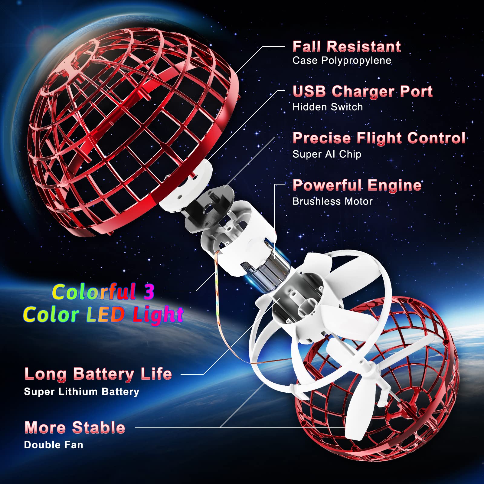 semai Flying Orb Ball Toys, Hover Orb, Hand Controlled Mini Drone Flying Ball Globe Shape Spinning UFO Magic Flying Boomerang Spinner Kids Adults Indoor Outdoor Toys Games