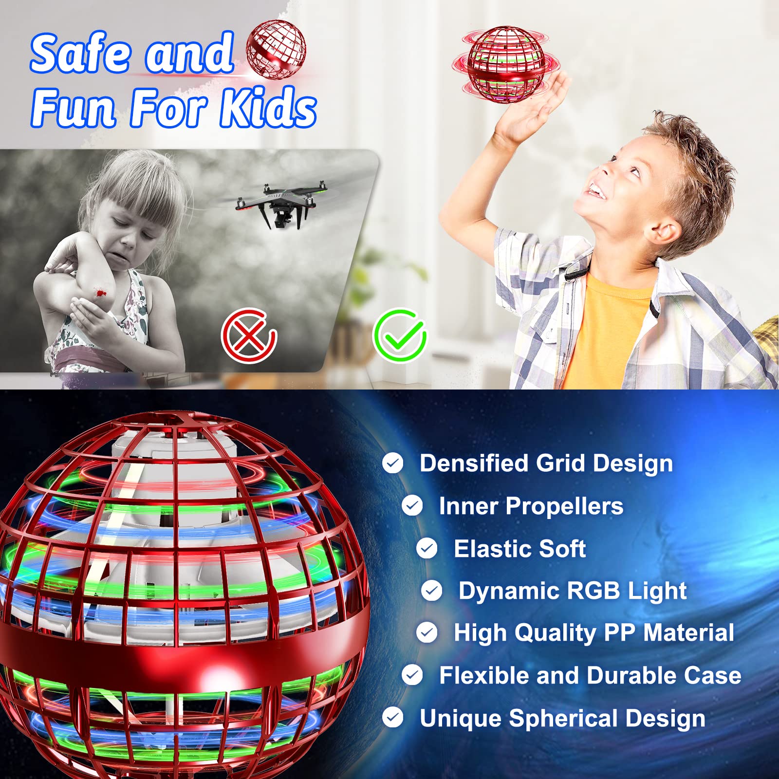 semai Flying Orb Ball Toys, Hover Orb, Hand Controlled Mini Drone Flying Ball Globe Shape Spinning UFO Magic Flying Boomerang Spinner Kids Adults Indoor Outdoor Toys Games