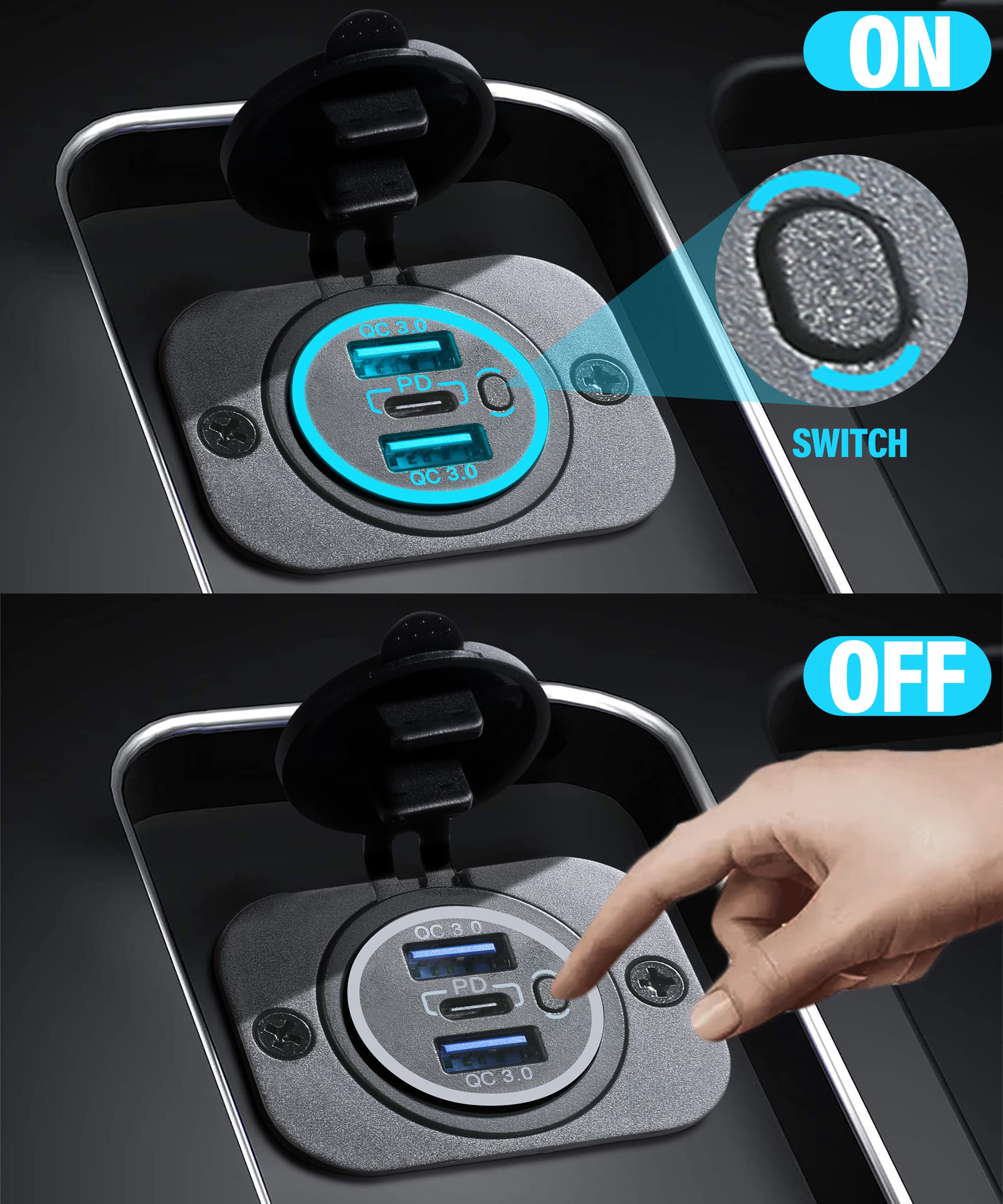 ESEWALAS 12V USB Power Outlet with Switch, 56W USB-C Charger, Waterproof, Compatible with Smartphones and Tablets
