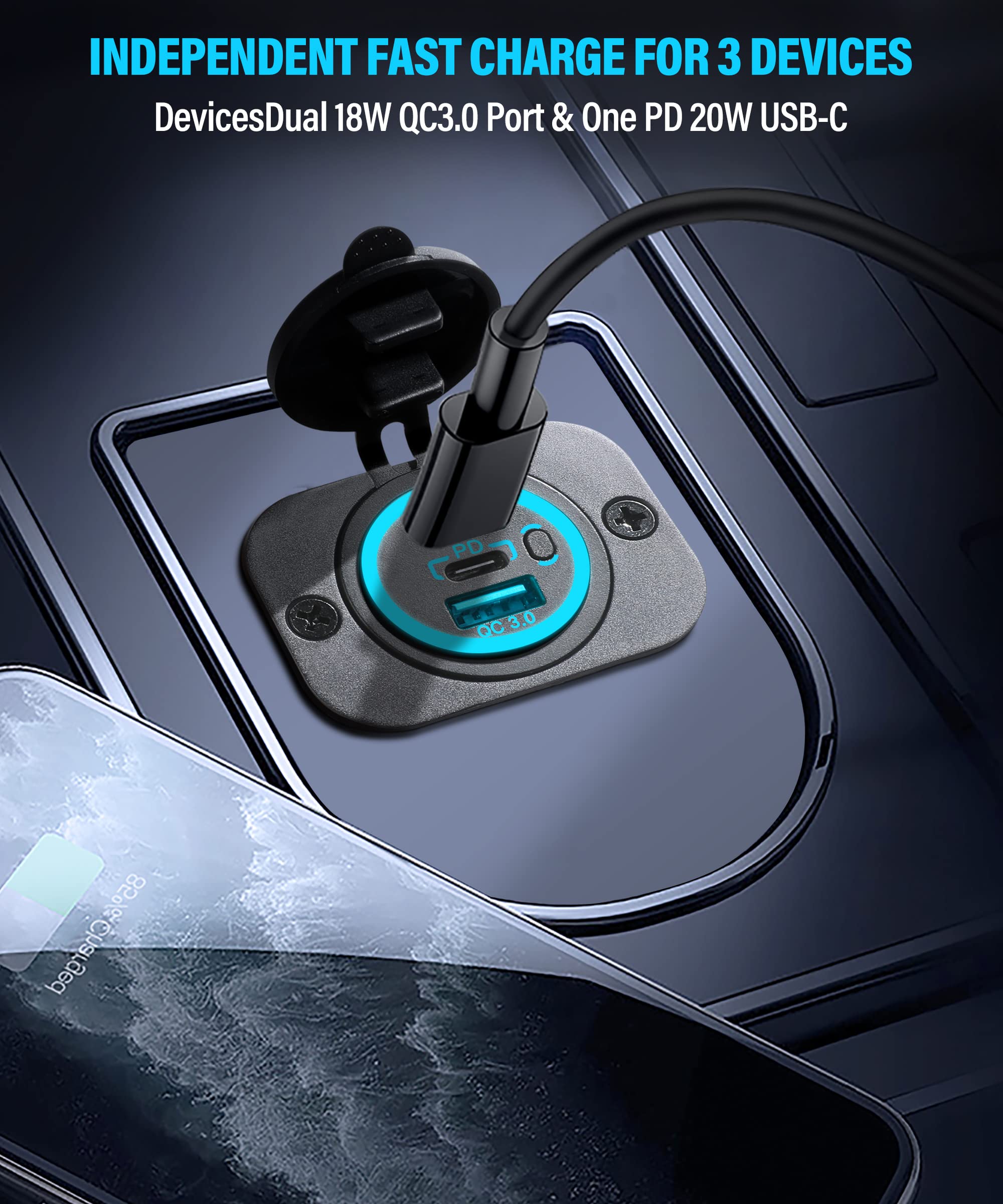 ESEWALAS 12V USB Power Outlet with Switch, 56W USB-C Charger, Waterproof, Compatible with Smartphones and Tablets