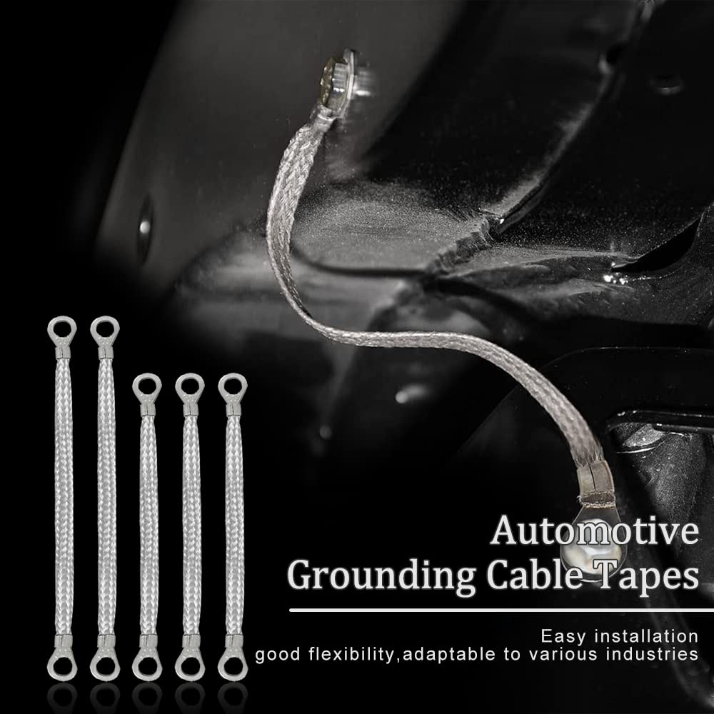 HAOBO 5PCS Universal Automotive Ground Straps, Ground Wire, 3pcs 10" x1/2" & 2pcs 13" x1/2" Tinned Copper Vehicle Grounding Cable Straps, Flat Braided Copper Ground Strap Fit for Most Vehicles