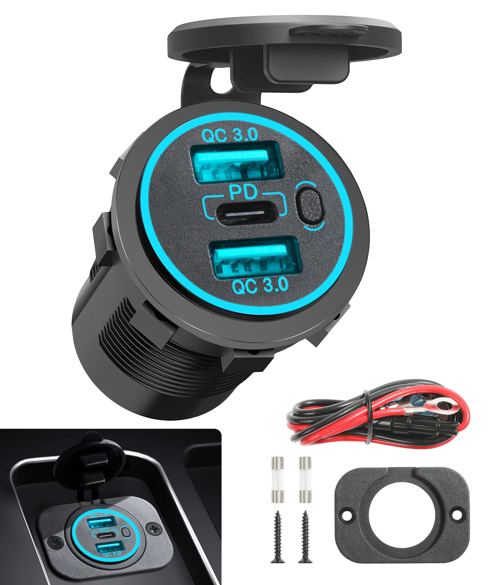 ESEWALAS 12V USB Power Outlet with Switch, 56W USB-C Charger, Waterproof, Compatible with Smartphones and Tablets