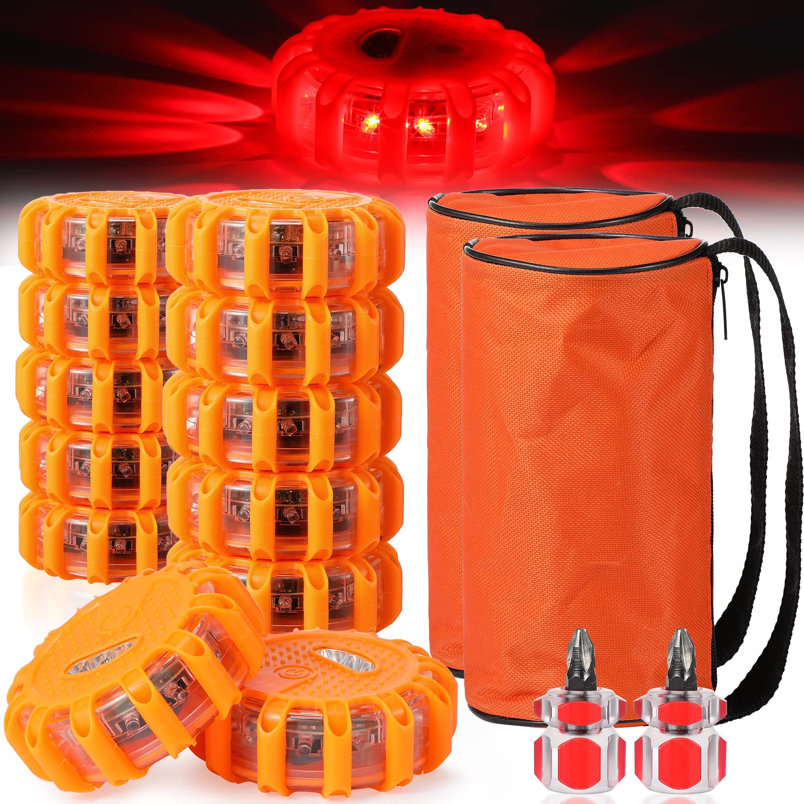 Tallew 12 Pack Flare Light LED Road Safety Flashing Warning Kit Roadside Emergency Beacon Magnet Hook Vehicle Boat Truck Disc Magnetic Flash Cars Security Driveway Automotive Strobe