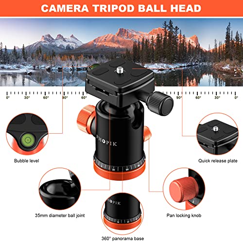 PHOPIK Camera Tripod 76 Inch Camera Tripod with Rotatable Horizontal Center Column, Aluminium Professional Tripod for DSLR with 360 Degree Ball Head, Quick Release Plate