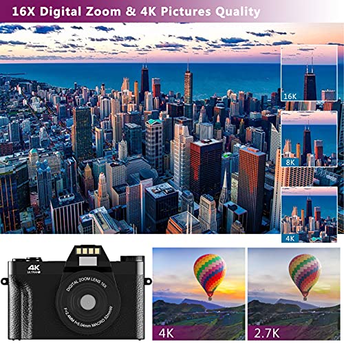 Vlogging Camera, 4K Digital Camera for YouTube Auto Focus & Anti Shake with WiFi, 16X Digital Zoom 32GB TF Card TopCam1.3