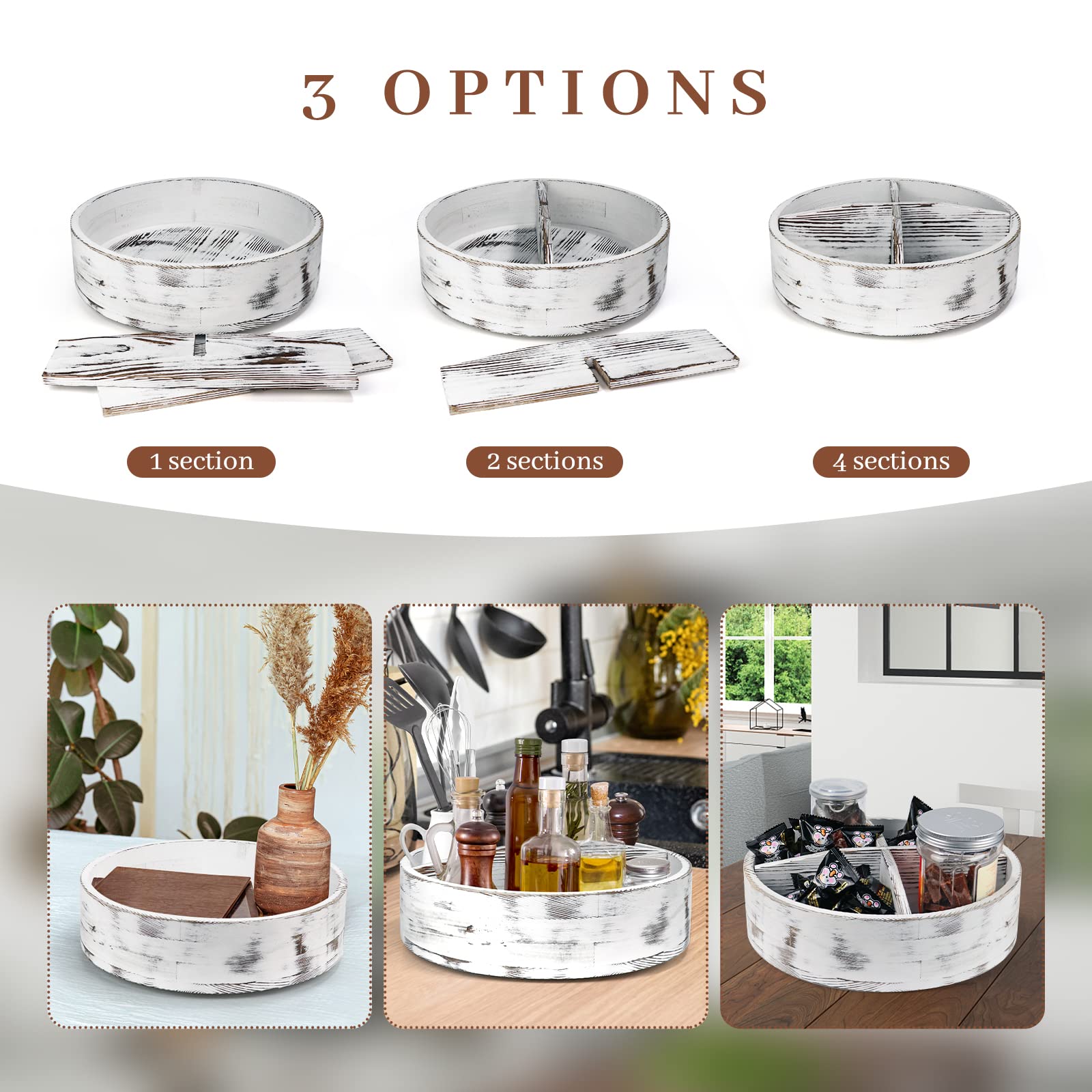 FTUREERA Lazy Susan Organizer, 12 Inch Rustic Wood Lazy Susan Turntable with Removable Dividers for Table, Cabinet, Kitchen Turntable Storage Food Bins Container for Pantry, Counter top