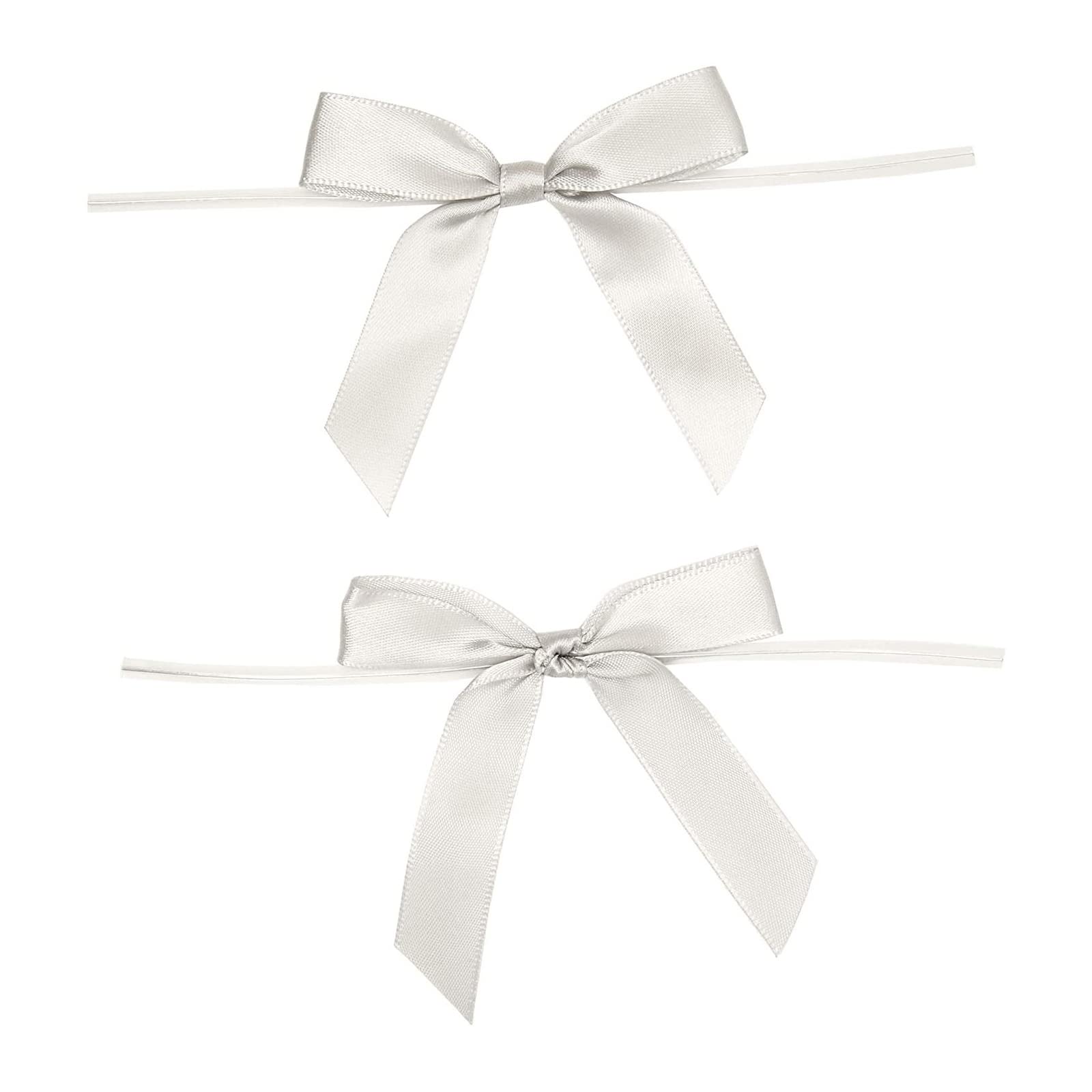 100 Pack Silver Satin Twist Tie Bows for Crafts, Gift Wrapping, Party Favor Bags, Baked Goods (3 In)