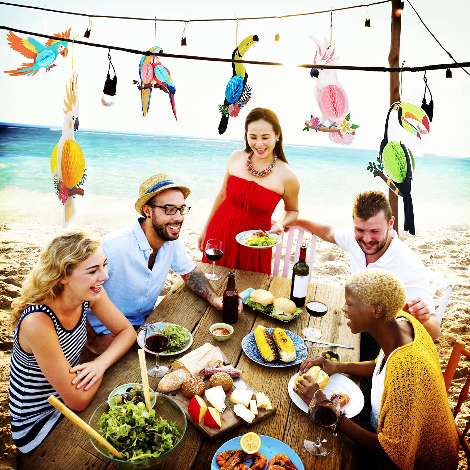 KESOTE 6 Pieces Hawaiian Tropical Parrot Birds Honeycomb Paper Cutouts Hanging Party Decorations, Summer Beach Tiki Bar Rainforest Party Decor for Home Classroom Yard