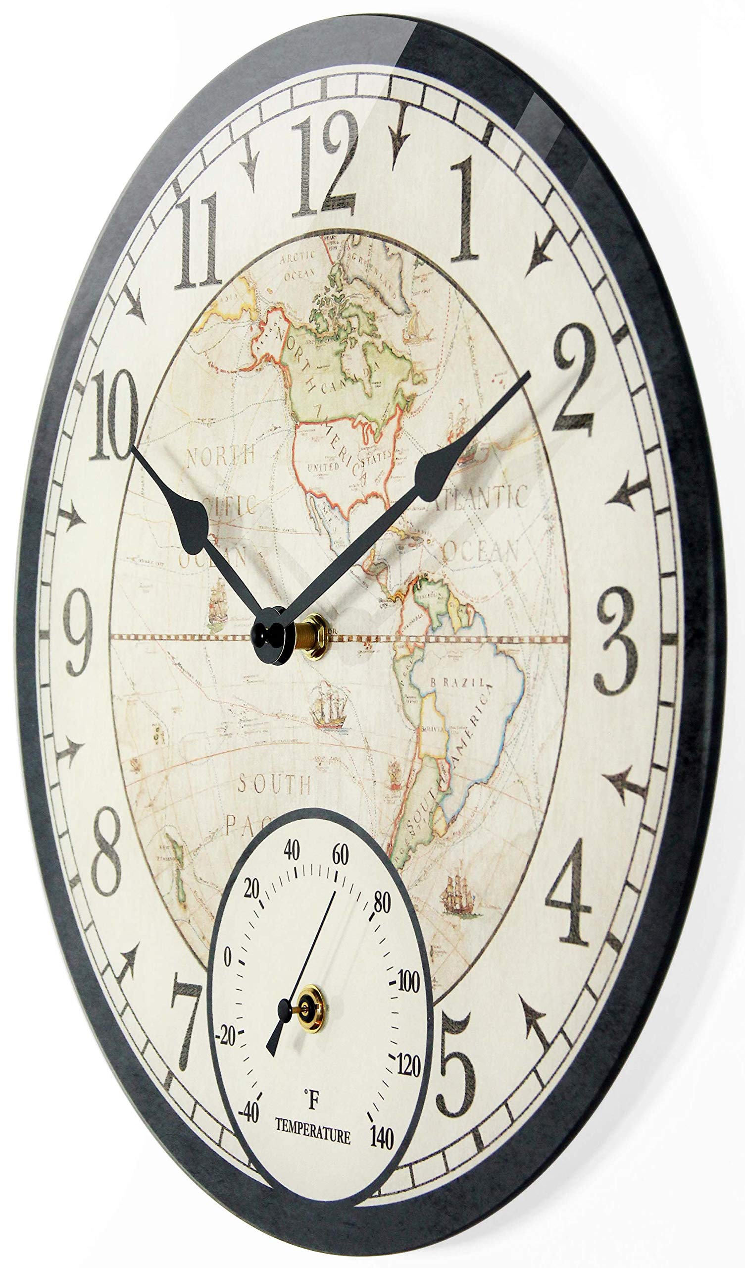 Infinity Instruments Orbis Indoor Outdoor Wall Clock and Thermometer, Traditional World Map Face with Modern Tempered Glass Design, 14 inch, Black