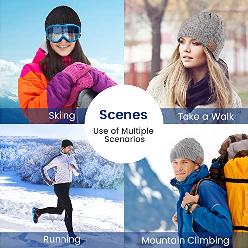 blueear Bluetooth Beanie Hat Bluetooh 5.2 Headphone Wireless Winter Knit Hats with Stereo Speaker and MIC 15 Hours Working Time for Outdoor Sports Grey