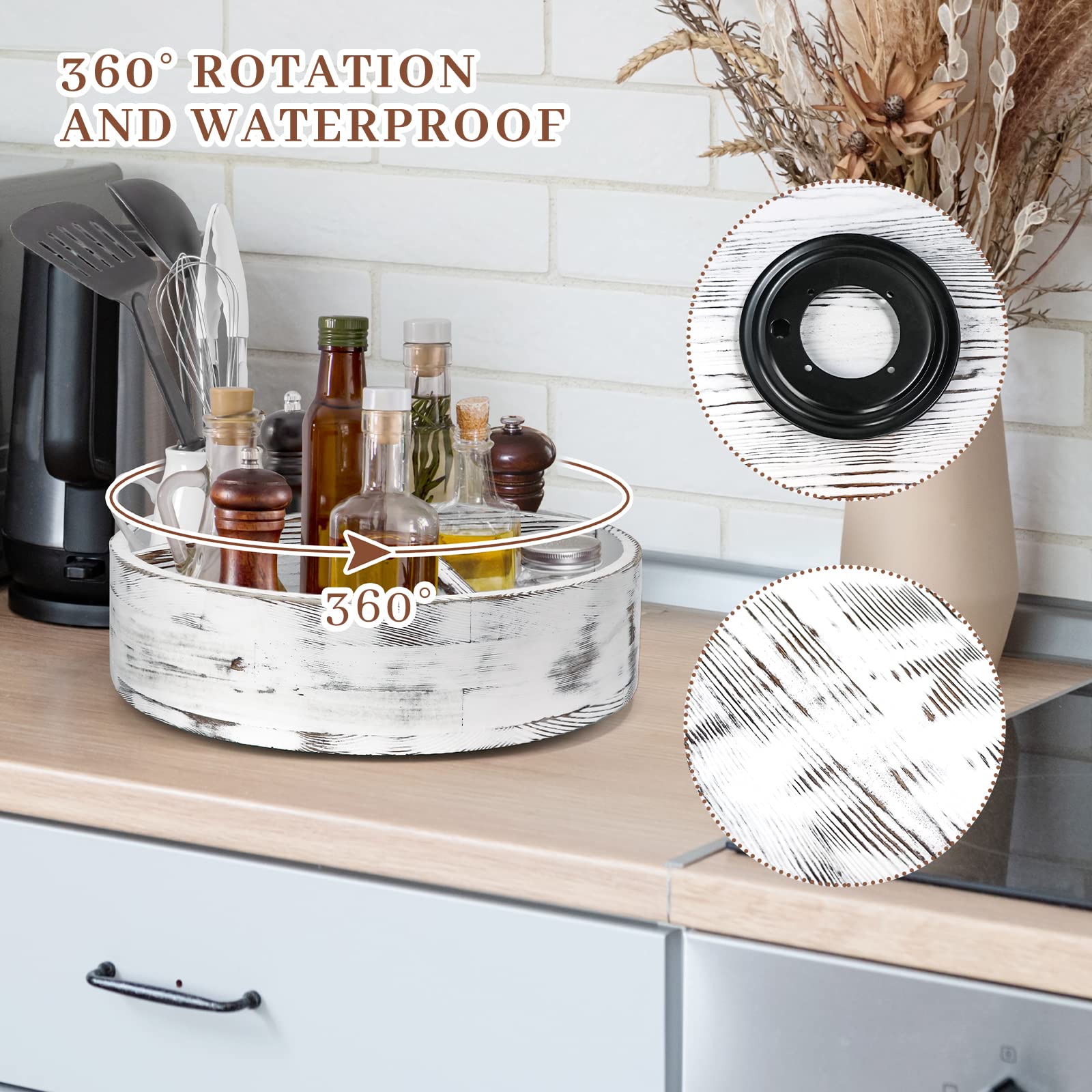 FTUREERA Lazy Susan Organizer, 12 Inch Rustic Wood Lazy Susan Turntable with Removable Dividers for Table, Cabinet, Kitchen Turntable Storage Food Bins Container for Pantry, Counter top