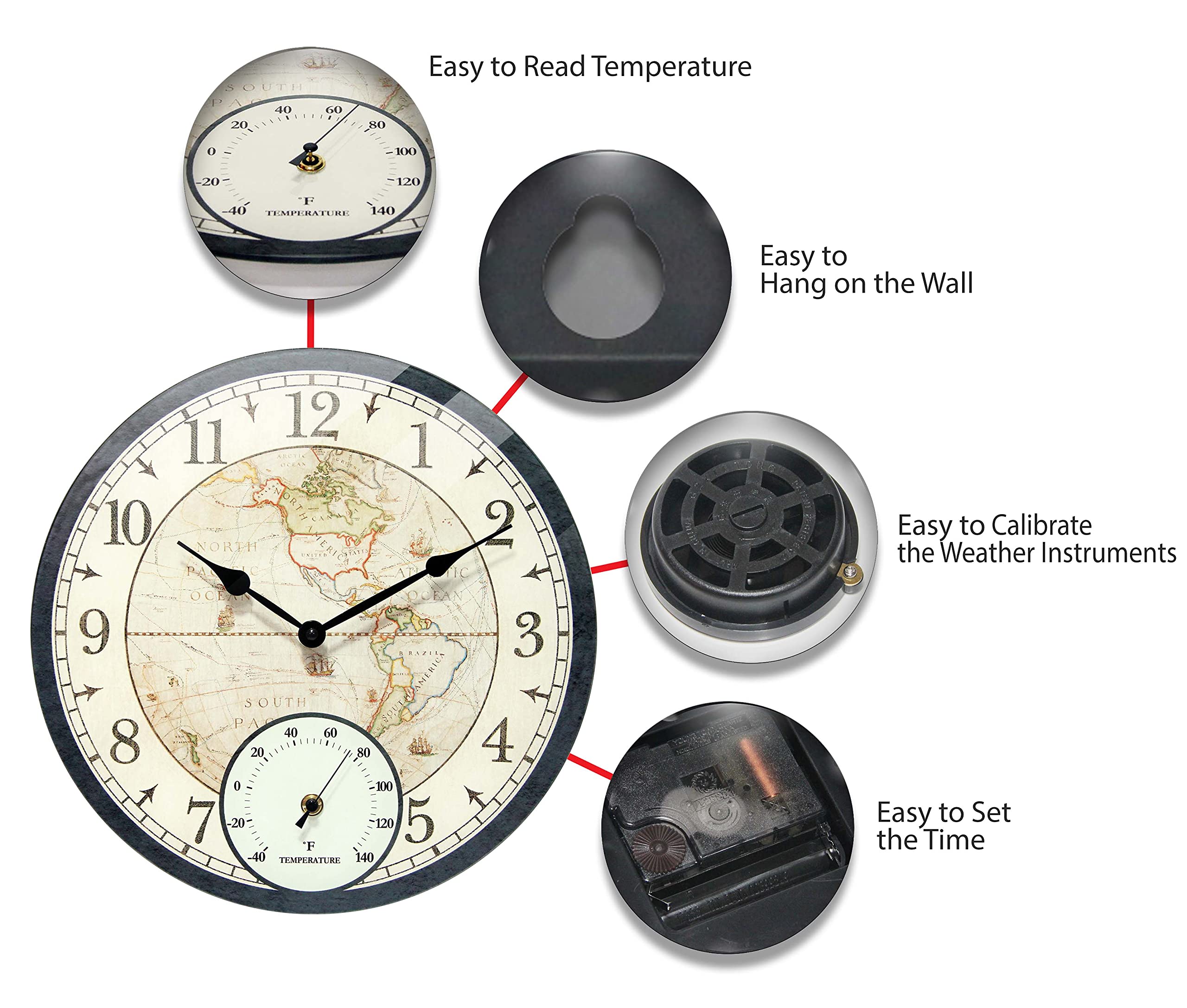 Infinity Instruments Orbis Indoor Outdoor Wall Clock and Thermometer, Traditional World Map Face with Modern Tempered Glass Design, 14 inch, Black