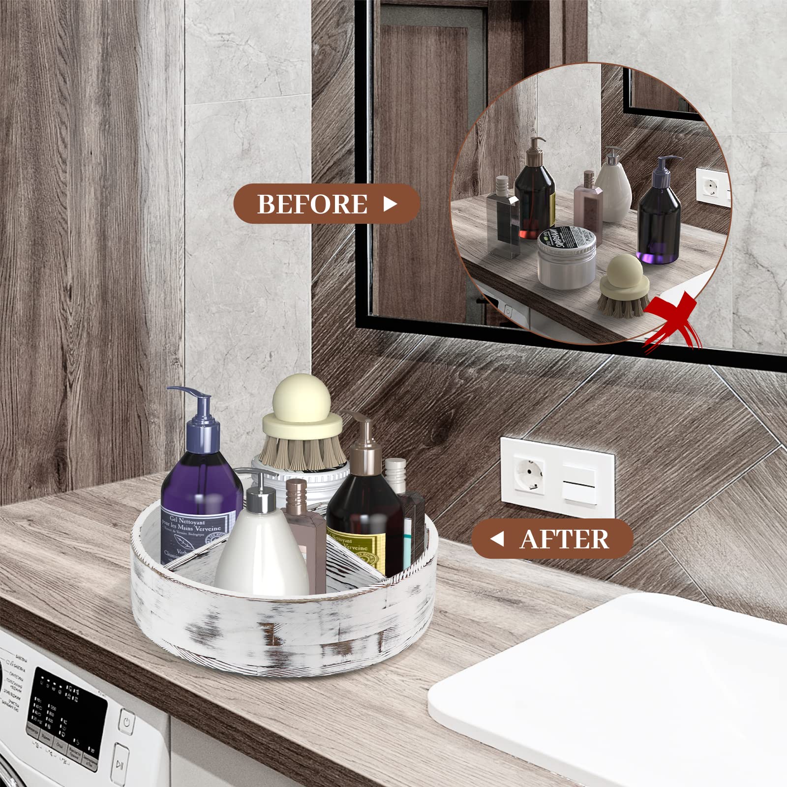 FTUREERA Lazy Susan Organizer, 12 Inch Rustic Wood Lazy Susan Turntable with Removable Dividers for Table, Cabinet, Kitchen Turntable Storage Food Bins Container for Pantry, Counter top