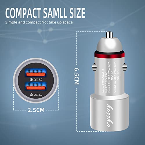 Wyssay Fast Mini Charger,36W Metal Car Charger Adapter, Dual Port USB Automobile Chargers Compatible with iPhone 13 12 11 Pro Max 8 Plus 7 6s, Samsung Galaxy S21/10/9/8/7,iPad (Sliver-2QC3.0)