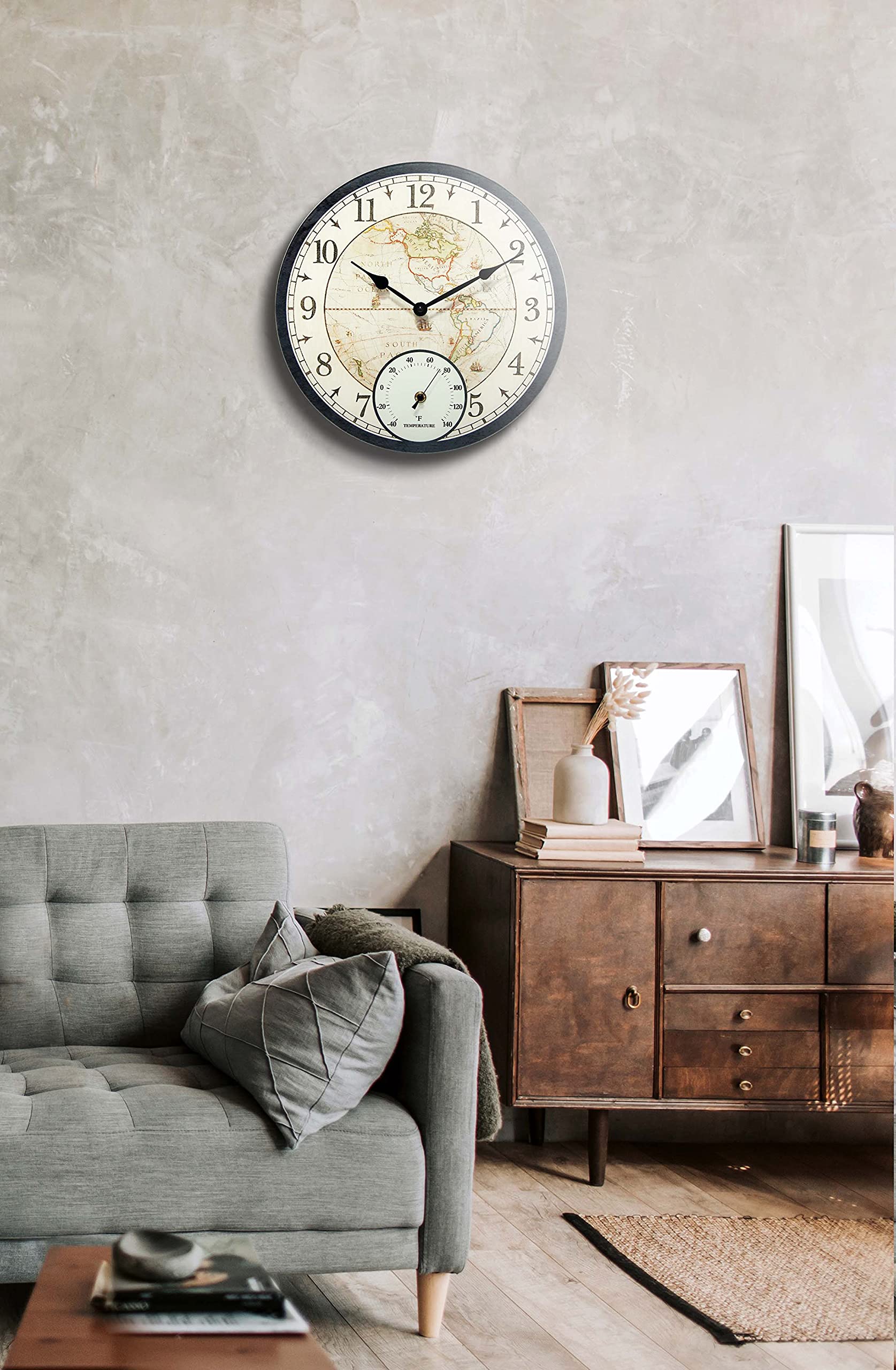 Infinity Instruments Orbis Indoor Outdoor Wall Clock and Thermometer, Traditional World Map Face with Modern Tempered Glass Design, 14 inch, Black