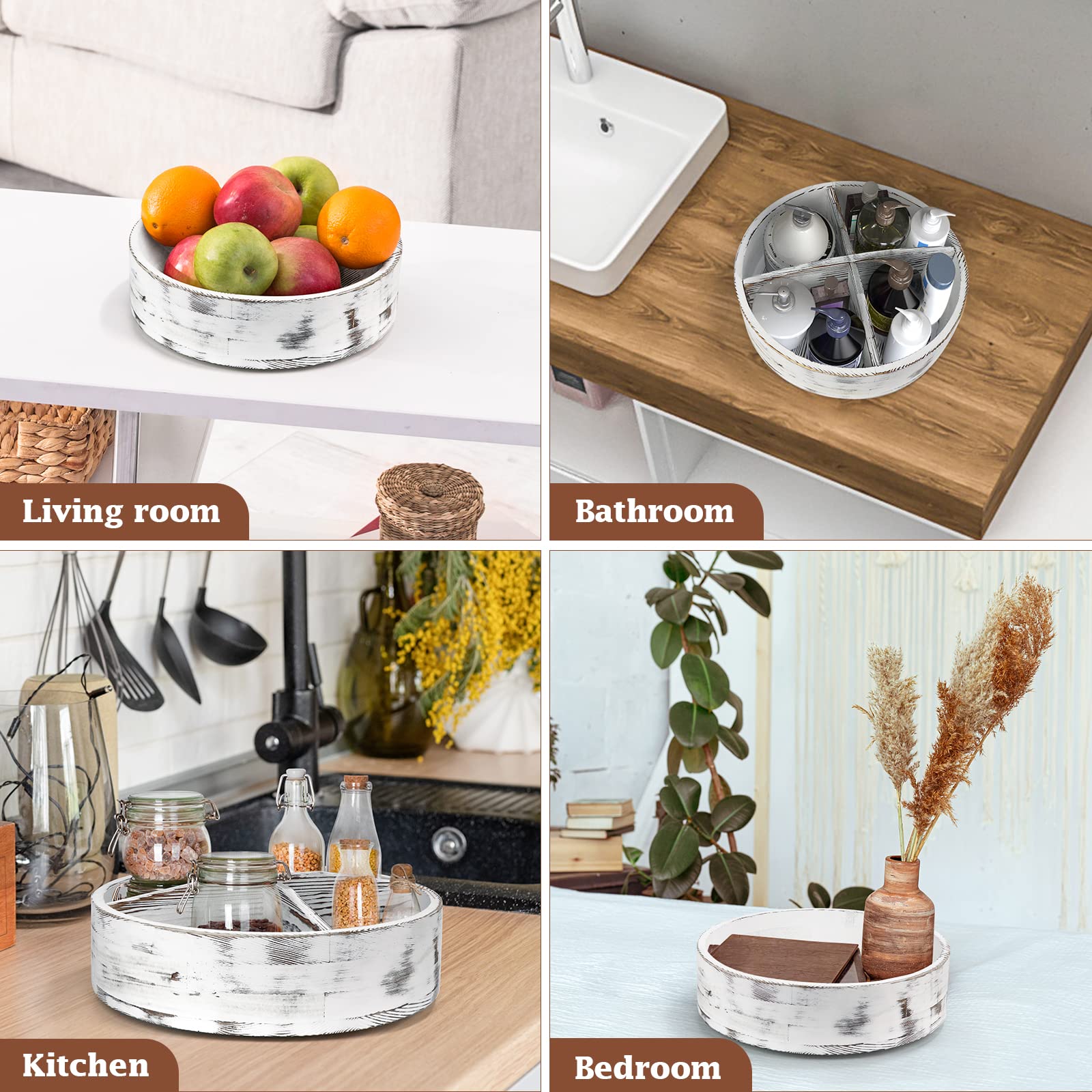 FTUREERA Lazy Susan Organizer, 12 Inch Rustic Wood Lazy Susan Turntable with Removable Dividers for Table, Cabinet, Kitchen Turntable Storage Food Bins Container for Pantry, Counter top