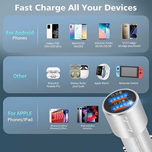 Wyssay Fast Mini Charger,36W Metal Car Charger Adapter, Dual Port USB Automobile Chargers Compatible with iPhone 13 12 11 Pro Max 8 Plus 7 6s, Samsung Galaxy S21/10/9/8/7,iPad (Sliver-2QC3.0)