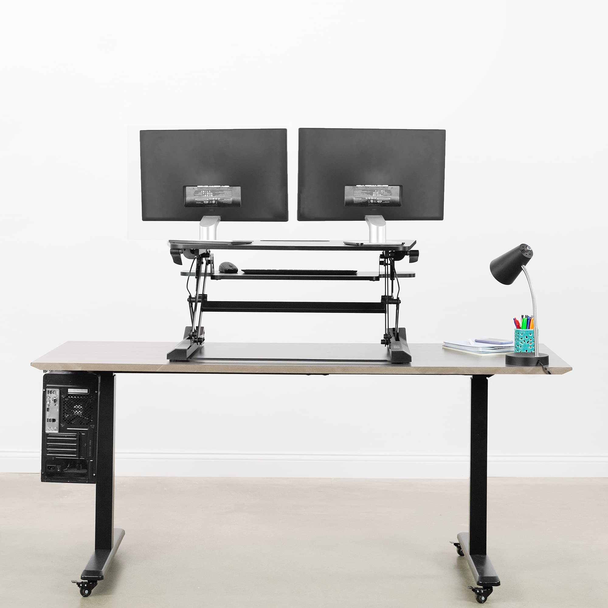 VIVO Black Deluxe Height Adjustable 36 inch Standing Desk Converter, Sit Stand Tabletop Dual Monitor and Laptop Riser Workstation, DESK-V000DB
