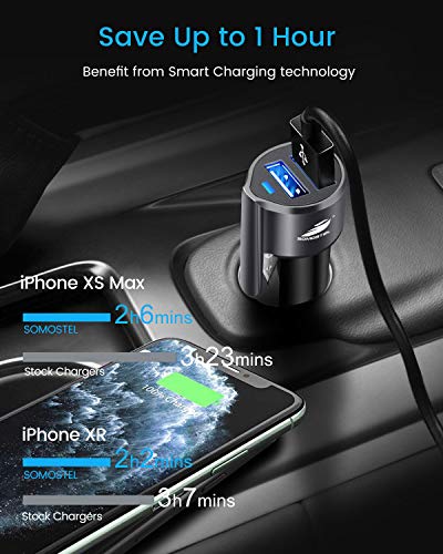 Dual USB Car Charger, SOMOSTEL 3-in-1 Emergency Safety Escape Tool Window Breaker Seat Belt Cutter Compatible for iPhone 11 Pro/Max/X/XR,Samsung Galaxy S10 S9 S8 Plus Note 9,LG,Moto,iPad,Google Pixel