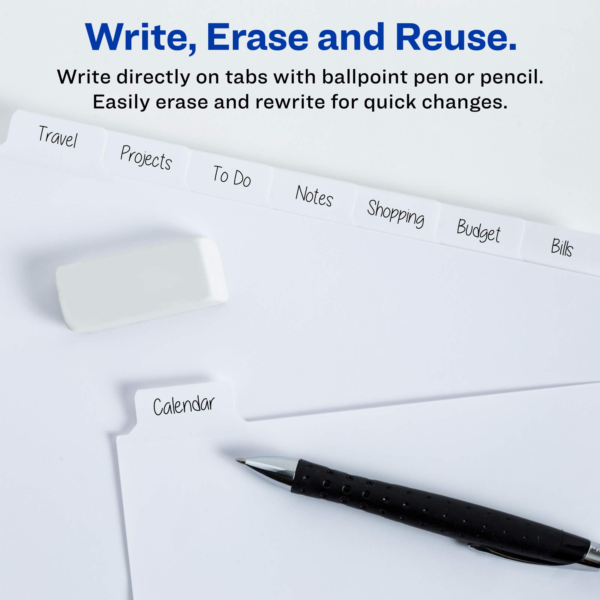 Avery 8-Tab Binder Dividers, Write & Erase White Big Tabs, 1 Set (23078)