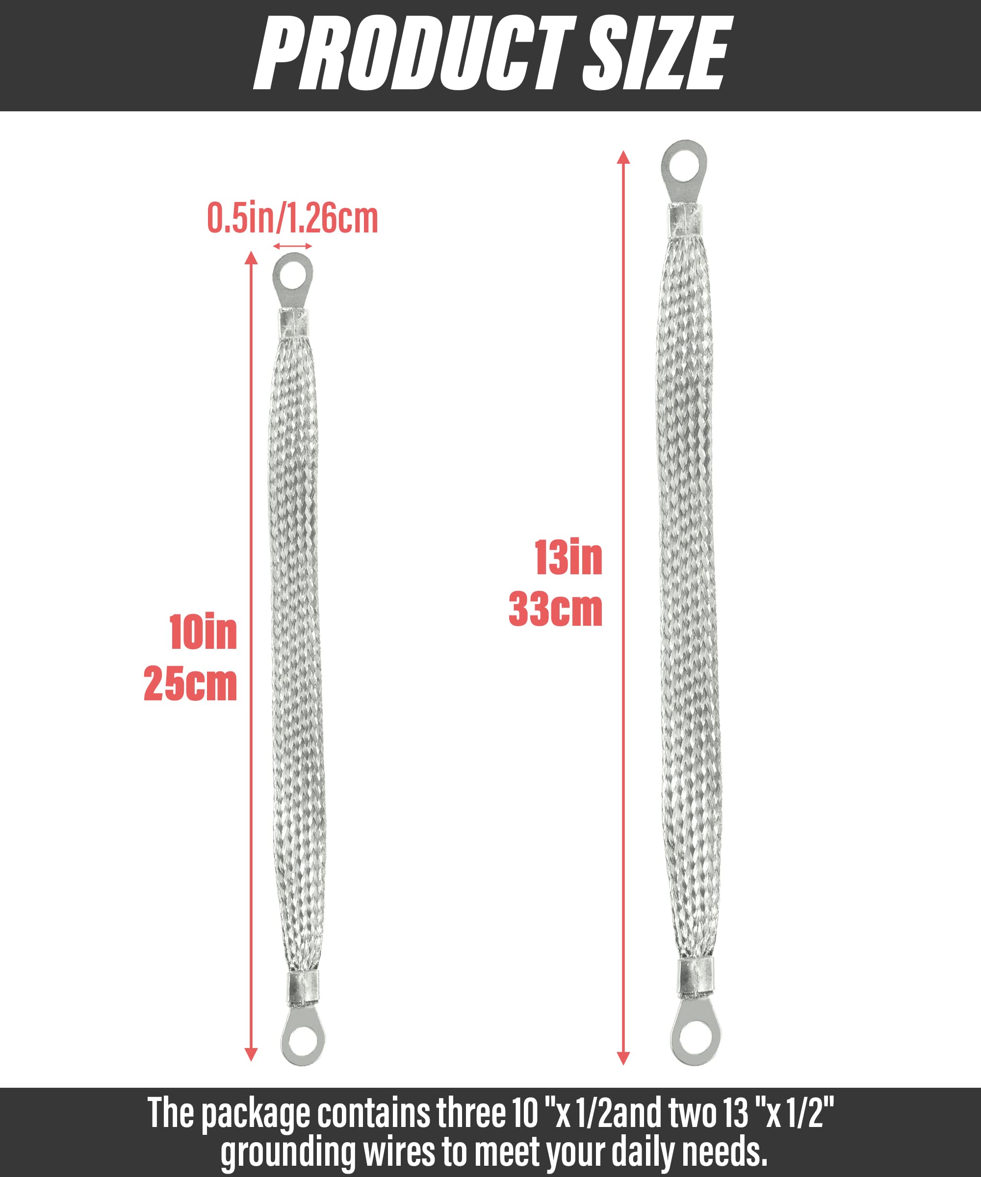 Zlirfy Automotive Ground Strap Kit,Universal Flat Braided Copper Ground Strap,3PCS 10" x 1/2" and 2PCS 13" x 1/2" Car Ground Cable Straps Braided,Automotive Engine Copper Ground Strap