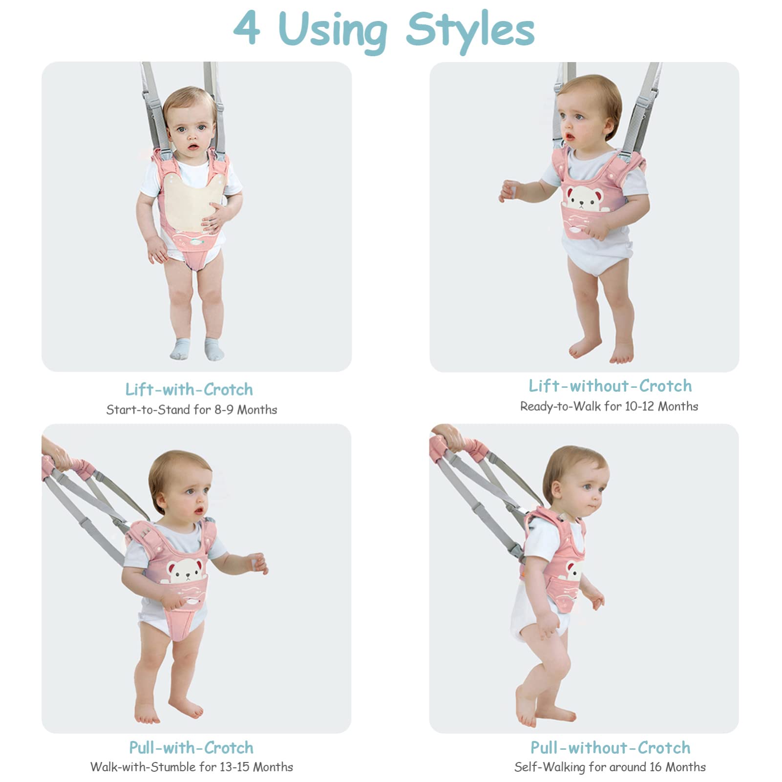 Ocanoiy Baby Walking Harness Handheld Baby Walker Assistant Belt Adjustable Toddler Infant Walker Safety Harnesses Standing Up and Walking Learning Helper with Detachable Crotch for 9-24 Month (Pink)