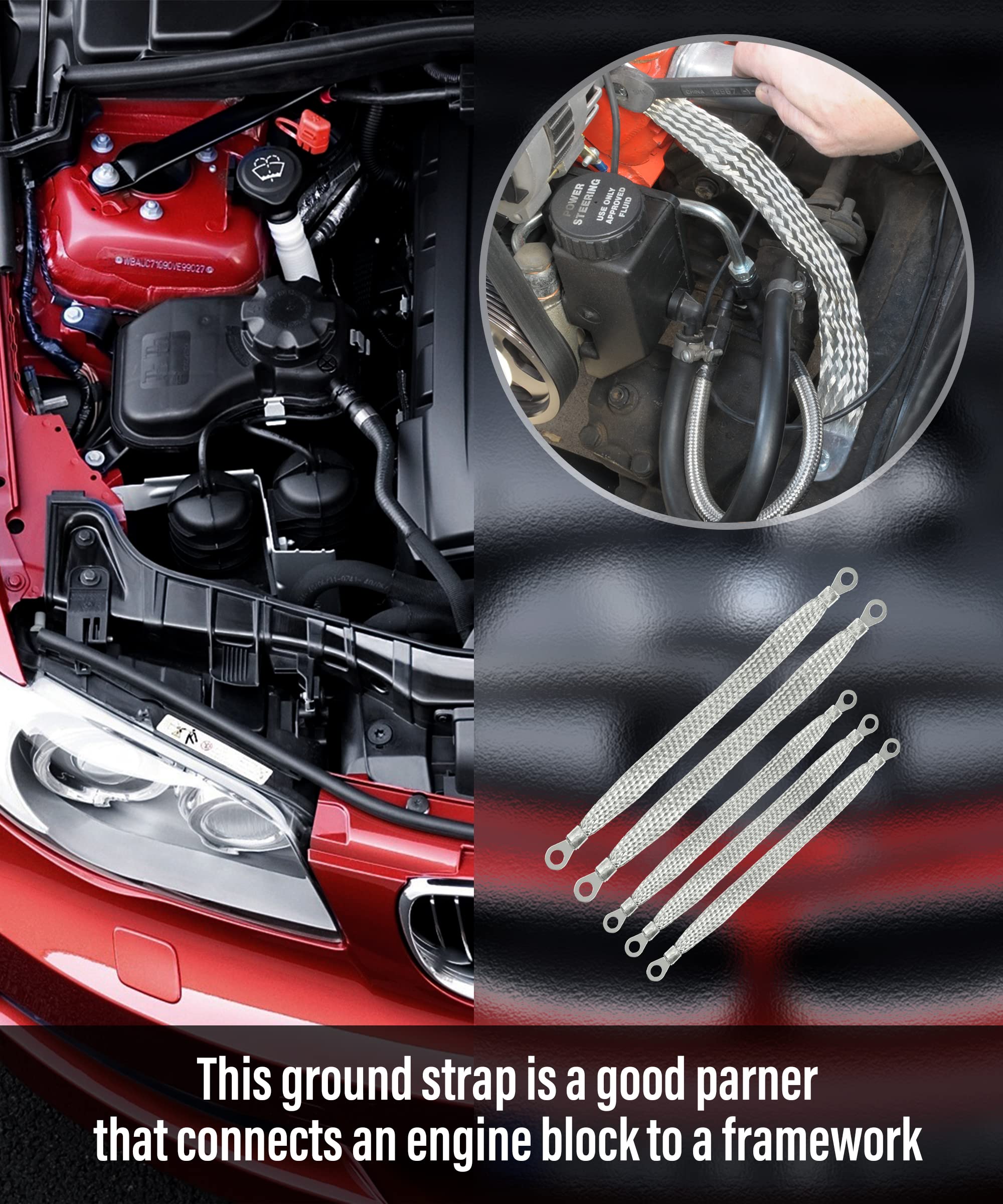 Zlirfy Automotive Ground Strap Kit,Universal Flat Braided Copper Ground Strap,3PCS 10" x 1/2" and 2PCS 13" x 1/2" Car Ground Cable Straps Braided,Automotive Engine Copper Ground Strap