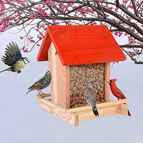 Wooden Bird Feeders for Outdoors Hanging, Hanging Wild Birdfeeder, Large Capacity Weatherproof Window Bird Feeder, Patio Garden Decoration with Drainage Hole (red Pine)