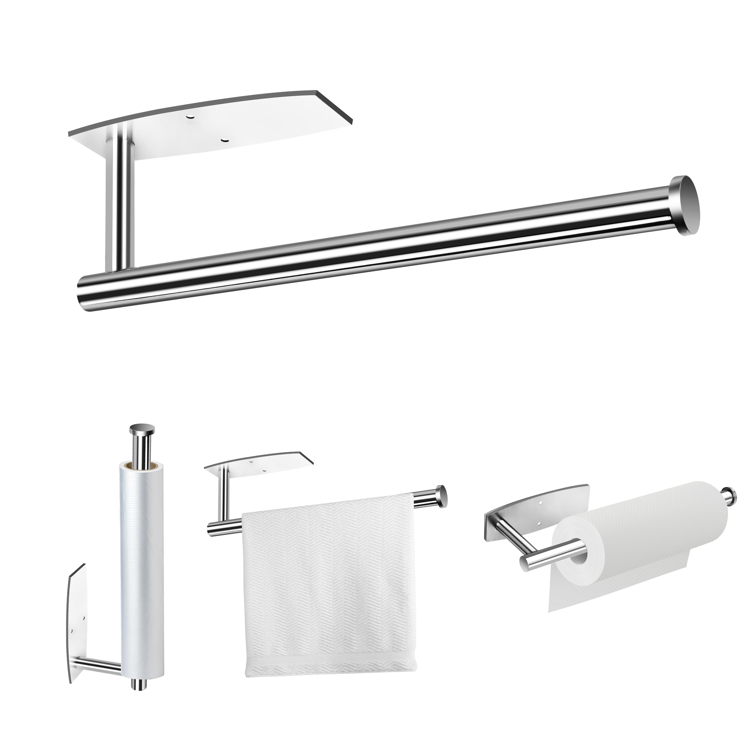 Paper Towel Holders Wall Mount Under Cabinet 13.2In Self Adhesive Drilling SUS304 Stainless Steel Vertically Horizontally for Kitchen Bathroom Door Inside Outside Rustproof Rack