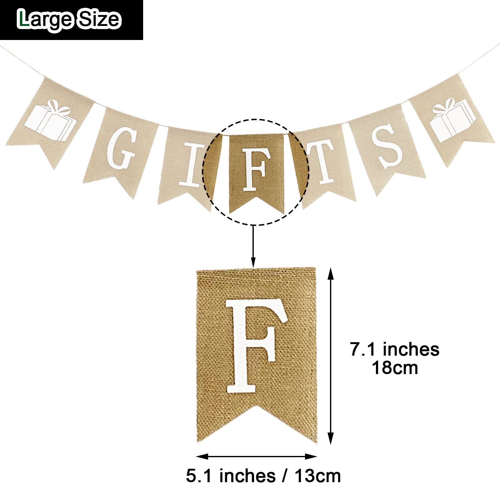 Burlap Gifts Banner - Rustic Gifts Sign for Baby Shower, Bridal Shower, Birthday, Wedding Gift Table Decorations - Country Theme Gift Table Decor Idea - Large Size, 7 x 5 Inches