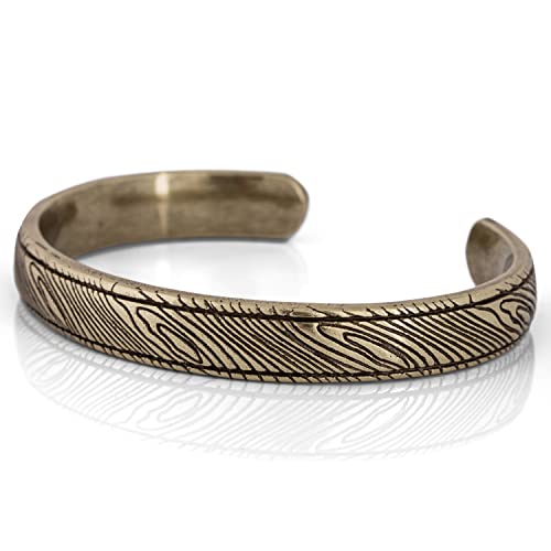 Akitsune Orbis Bangle | Damascus Antique Arm Jewelry Women Mens Stainless Steel Bracelet Rustic - Brass 65mm