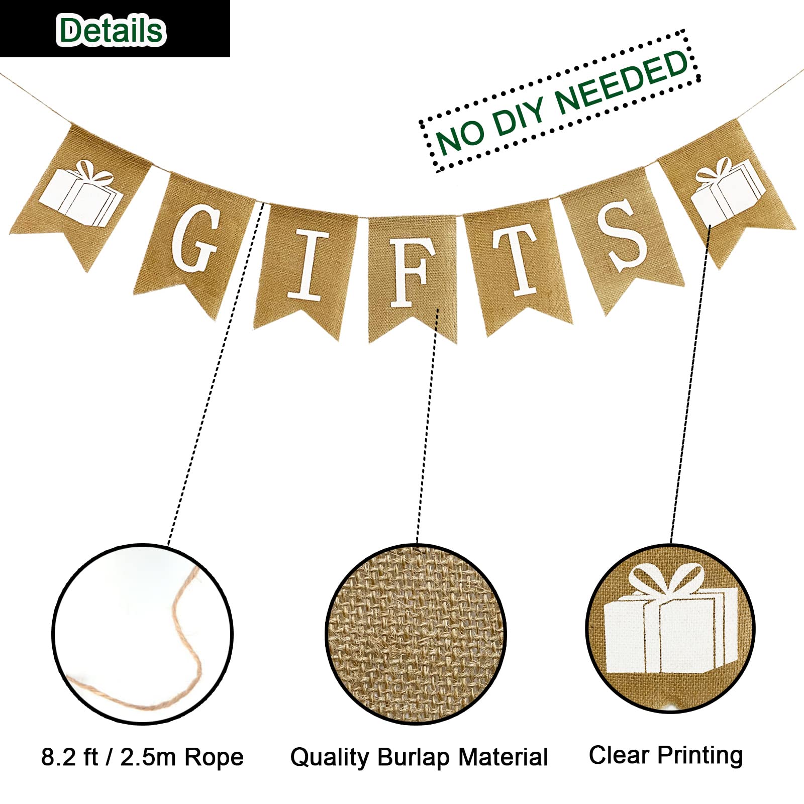 Burlap Gifts Banner - Rustic Gifts Sign for Baby Shower, Bridal Shower, Birthday, Wedding Gift Table Decorations - Country Theme Gift Table Decor Idea - Large Size, 7 x 5 Inches