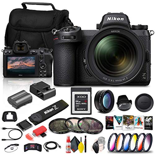 Nikon Z 7II Mirrorless Digital Camera 45.7MP with 24-70mm f/4 Lens (1656) + 64GB XQD Card + Corel Photo Software + Case + Color Filter Kit + Telephoto Lens + More - International Model (Renewed)
