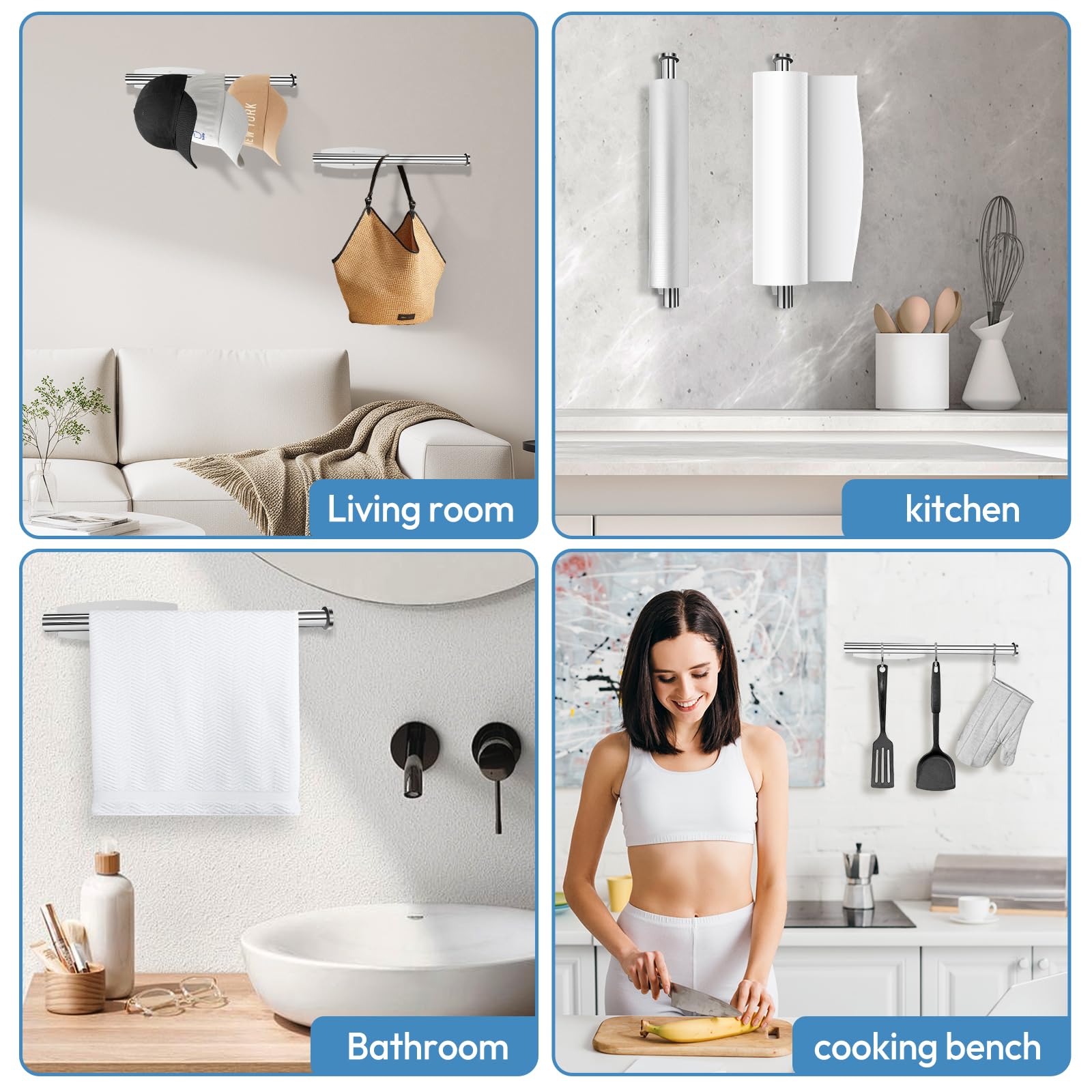 Paper Towel Holders Wall Mount Under Cabinet 13.2In Self Adhesive Drilling SUS304 Stainless Steel Vertically Horizontally for Kitchen Bathroom Door Inside Outside Rustproof Rack