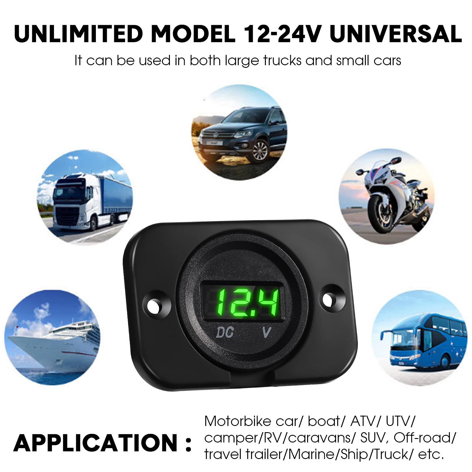 BBTO 2 Pcs DC 12V 24V Waterproof Car Voltmeter with LED Digital Display Panel and Mounting Plate Round Voltage Gauge Meter with Terminal for Boat Marine Vehicle Motorcycle Truck ATV UTV (Green Light)