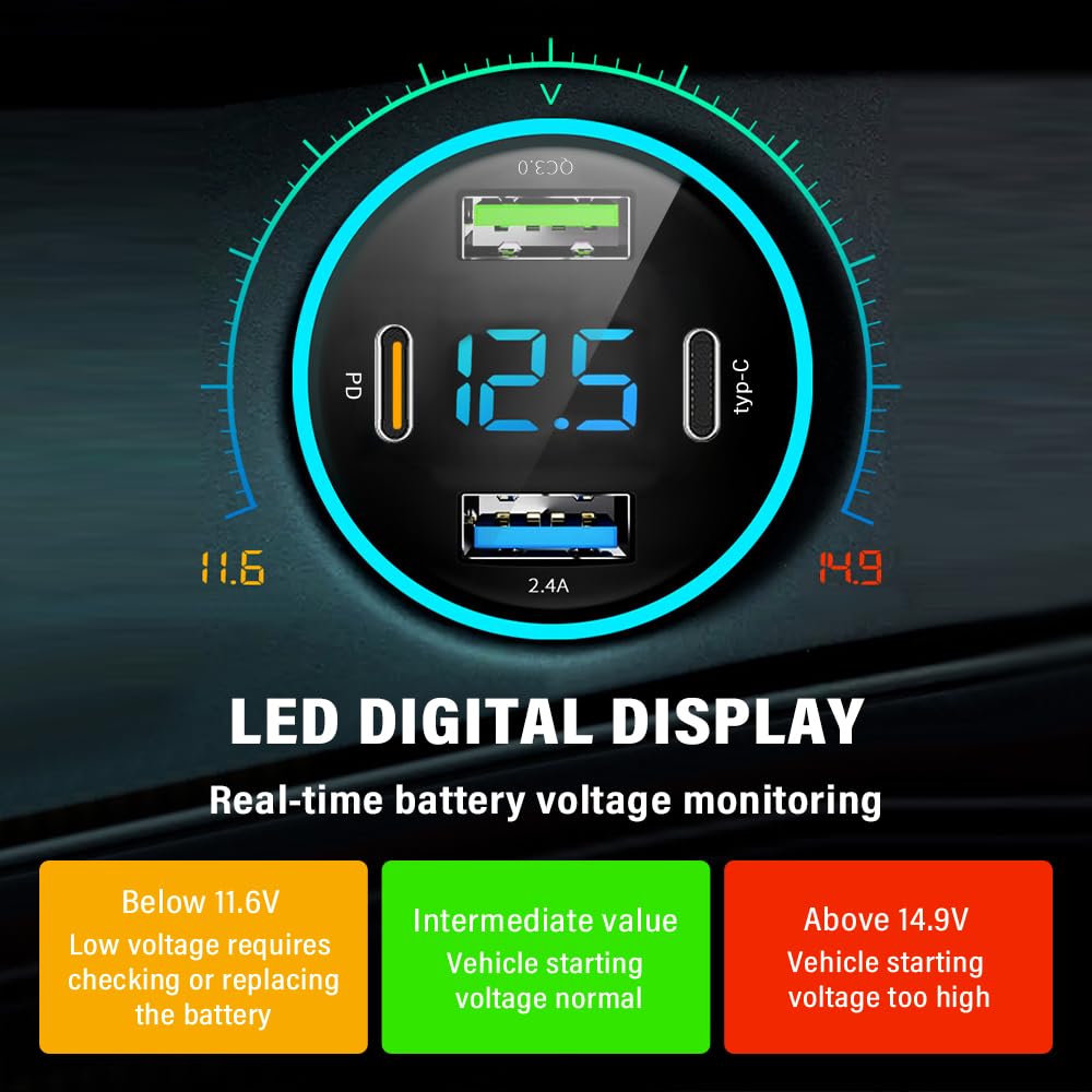 Car Charger,4-in-1 Super Fast Car Charger Adapter with Voltmeter & Blue LED,Universal PD+QC3.0+USB C Ports Car Cigarette Lighter USB Charger Compatible with iPhone Android (QC3.0+Type-C+PD+2.4A)