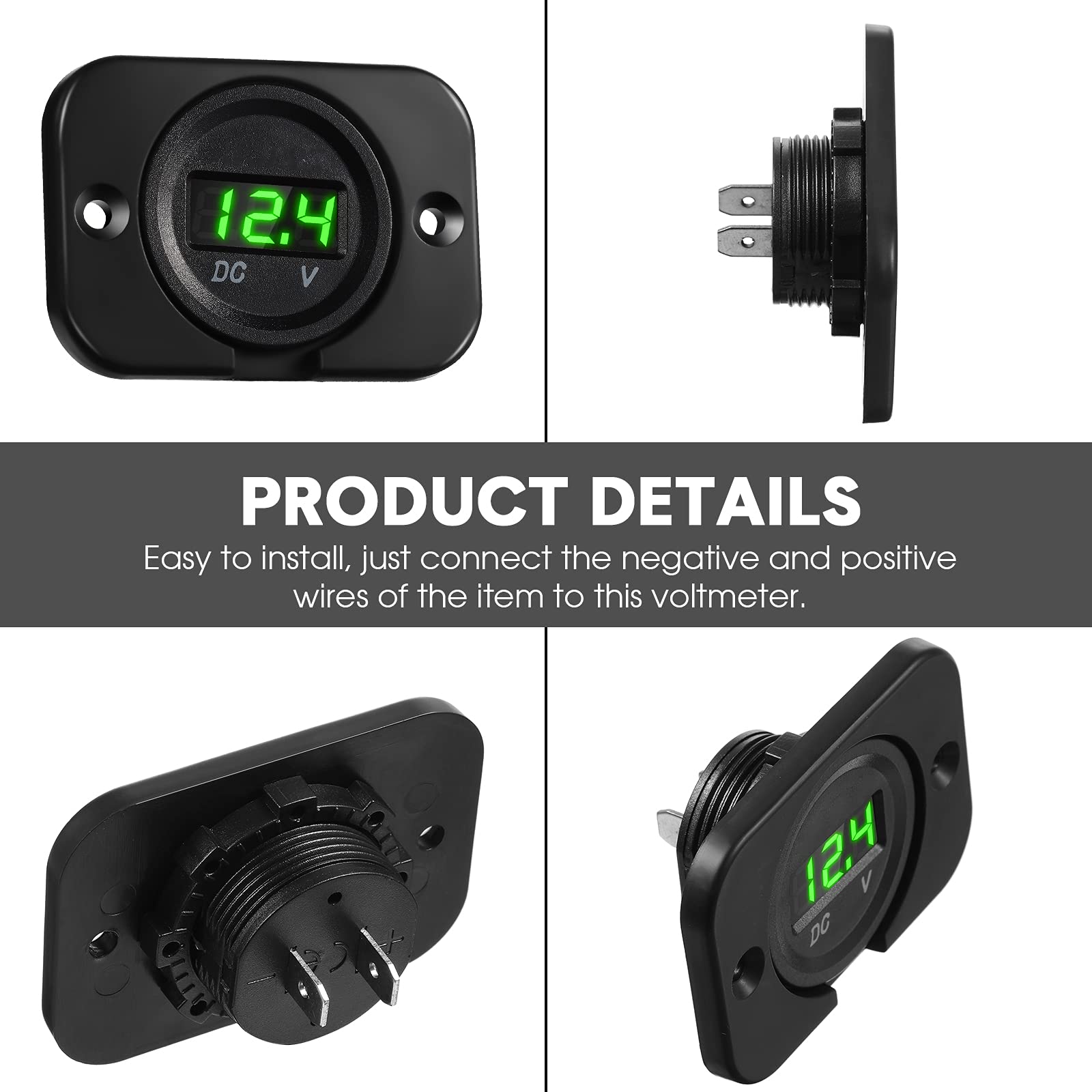 BBTO 2 Pcs DC 12V 24V Waterproof Car Voltmeter with LED Digital Display Panel and Mounting Plate Round Voltage Gauge Meter with Terminal for Boat Marine Vehicle Motorcycle Truck ATV UTV (Green Light)