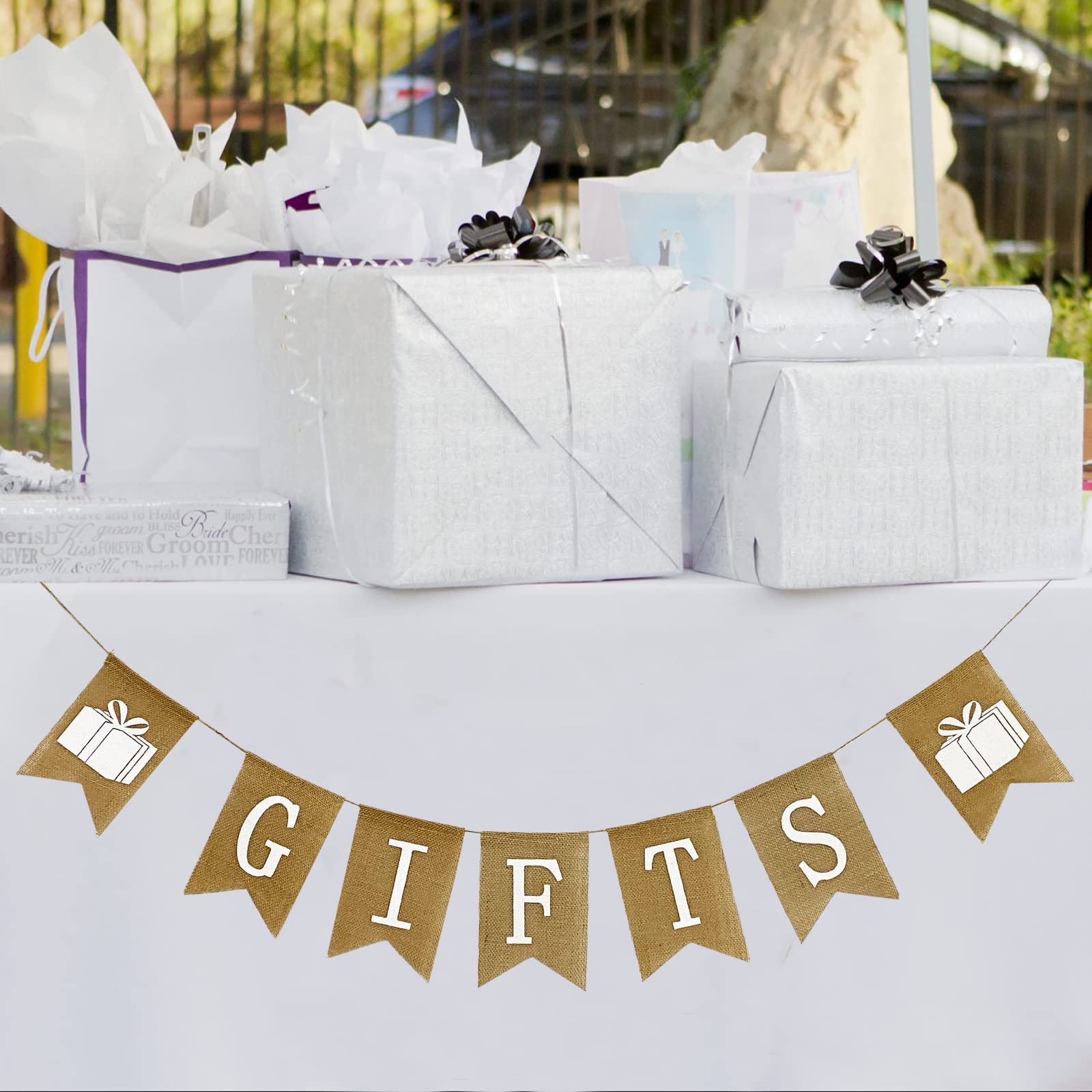 Burlap Gifts Banner - Rustic Gifts Sign for Baby Shower, Bridal Shower, Birthday, Wedding Gift Table Decorations - Country Theme Gift Table Decor Idea - Large Size, 7 x 5 Inches