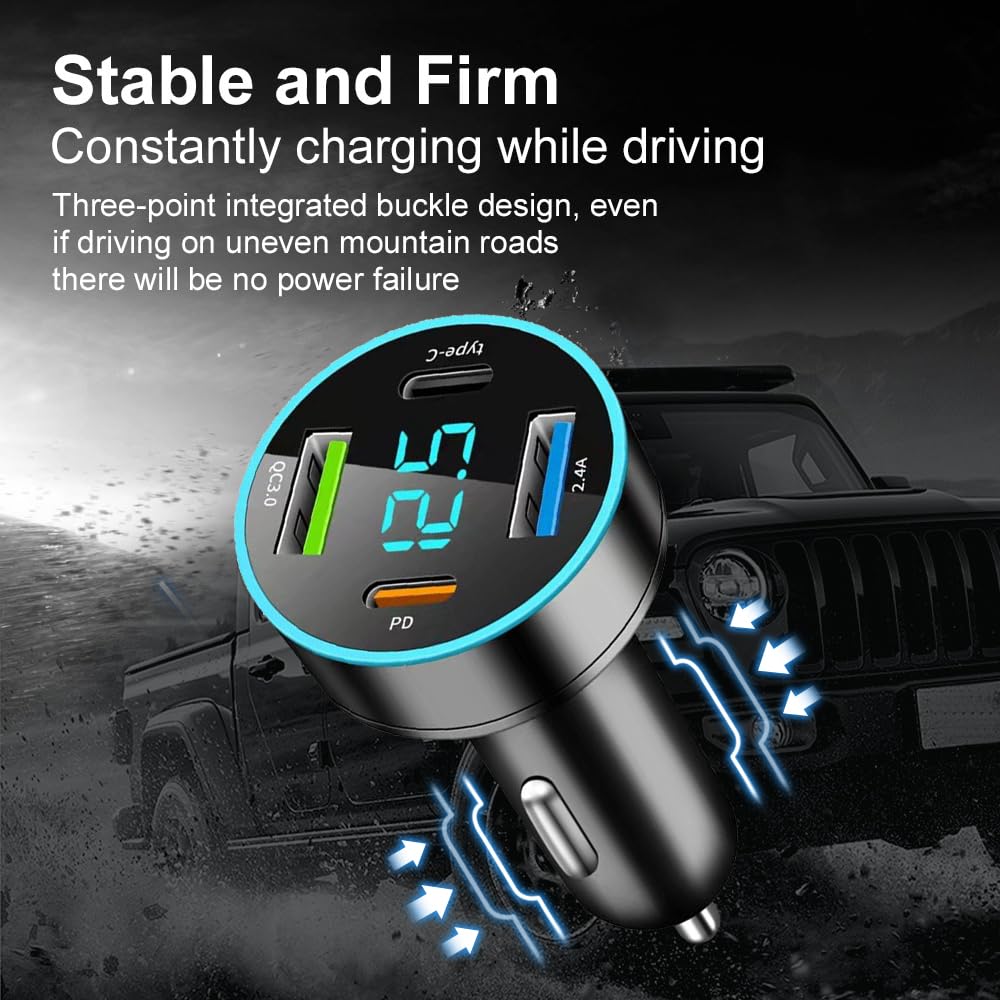 Car Charger,4-in-1 Super Fast Car Charger Adapter with Voltmeter & Blue LED,Universal PD+QC3.0+USB C Ports Car Cigarette Lighter USB Charger Compatible with iPhone Android (QC3.0+Type-C+PD+2.4A)