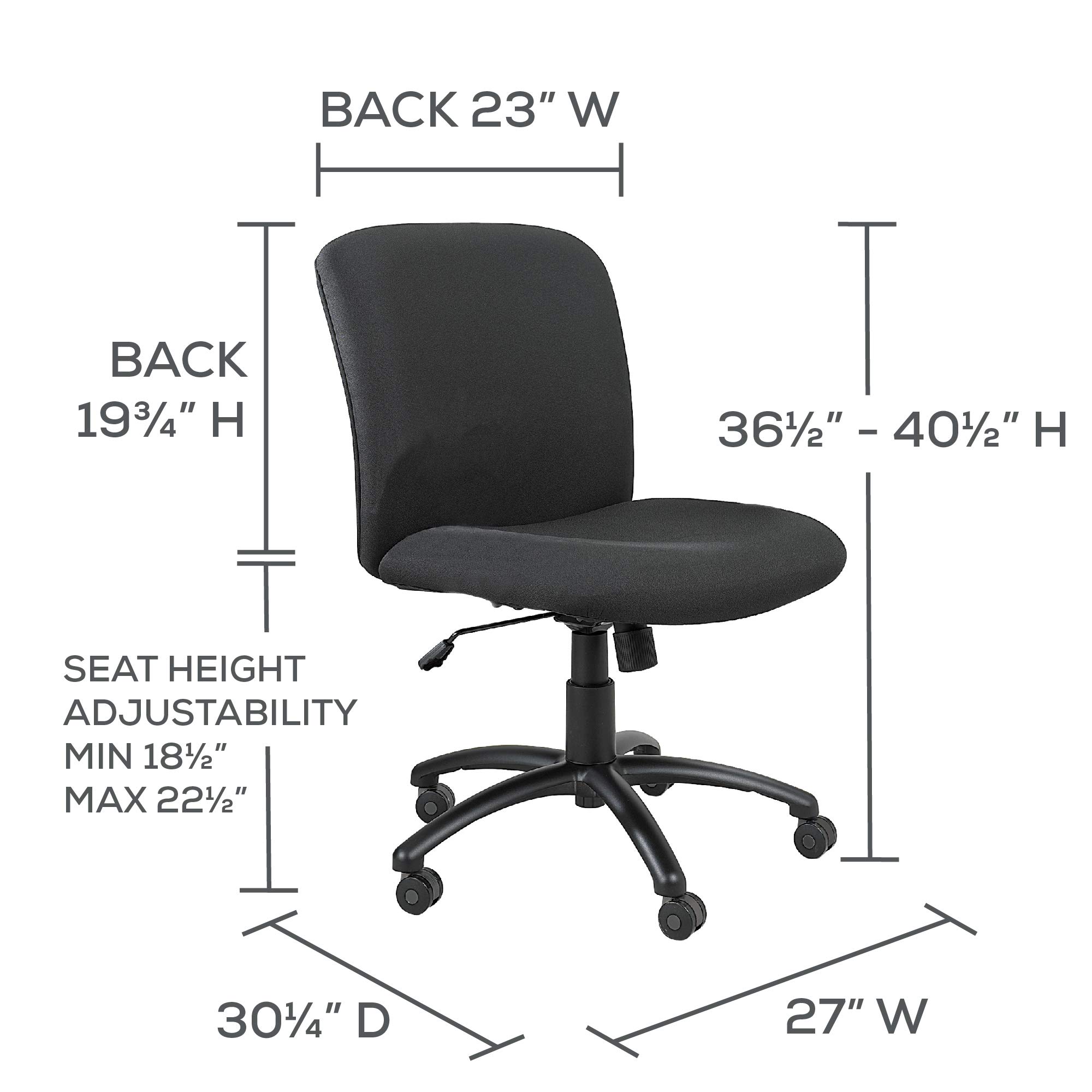 Safco Products Uber Big and Tall Mid Back Chair 3491BL, Black, Rated for 24/7 Use, Holds Up to 500 lbs. (Optional Arms Sold Separately)