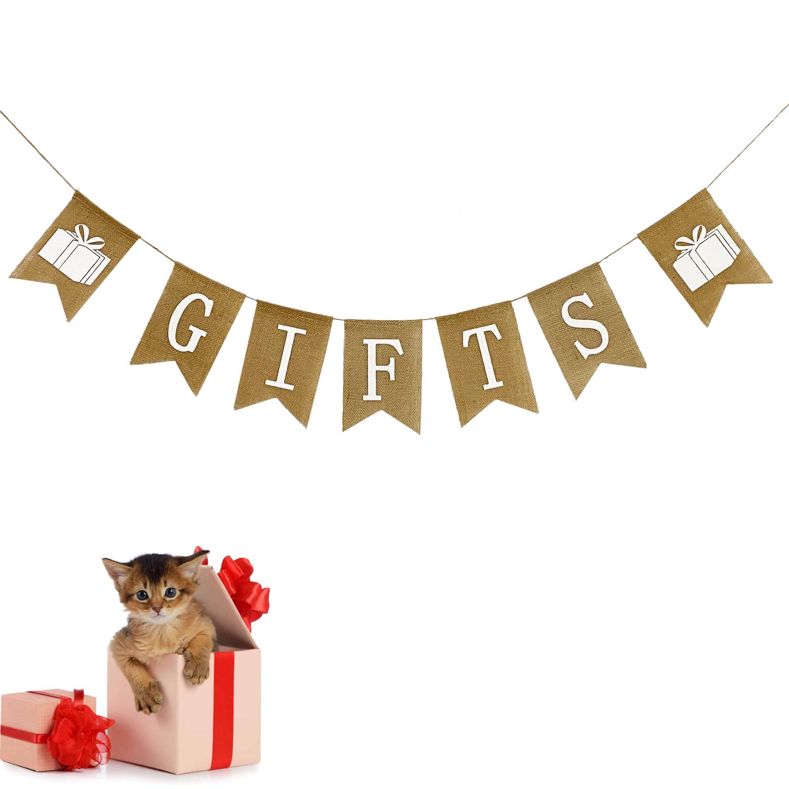 Burlap Gifts Banner - Rustic Gifts Sign for Baby Shower, Bridal Shower, Birthday, Wedding Gift Table Decorations - Country Theme Gift Table Decor Idea - Large Size, 7 x 5 Inches