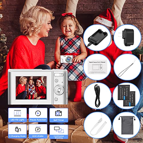 Digital Camera, RUAHETIL Autofocus FHD 1080P 36MP Vlogging Camera for Kids, 16X Zoom 2 Charging Modes Kids Compact Camera Point and Shoot Camera for Kids Teens Students(Silver)