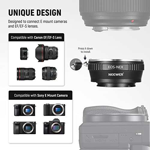 NEEWER Mount Lens Adapter Manual Focus Ring Compatible with Canon EF/EF-S Lens to Sony E Mount Camera A1 A9 A7 A7C A7R A7S A6600 A6400 NEX-7 NEX-6 ZV-E10 FX30, Not Compatible with Canon STM Lenses