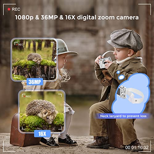 Digital Camera, RUAHETIL Autofocus FHD 1080P 36MP Vlogging Camera for Kids, 16X Zoom 2 Charging Modes Kids Compact Camera Point and Shoot Camera for Kids Teens Students(Silver)