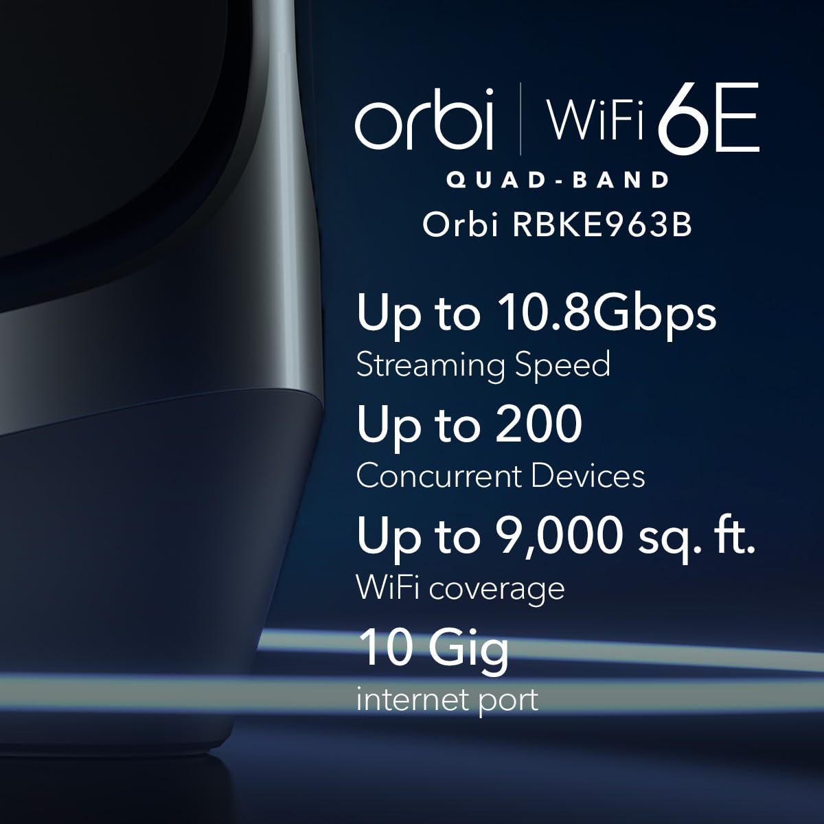 NETGEAR Orbi Quad-Band WiFi 6E Mesh Network System (RBKE963B) - Router +2 Satellite Extenders, Security Features, Up to 10.8Gbps, Coverage up to 9,000 sq.ft., 200 Devices, 10 Gig Internet Port, Black