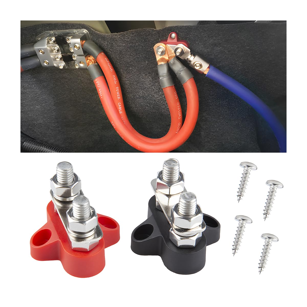 BELOMI 2PCS Battery Junction Block, 5/16" Insulated Power and Ground Battery Junction Post, M8 Dual Studs Power Distribution Block Terminal Post Bus Bar Accessories for Auto Car Marine Boat