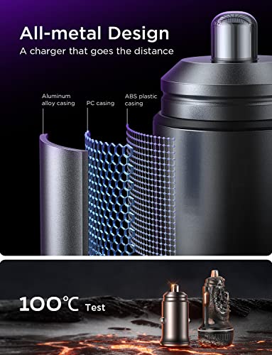 2 Pack USB C Car Charger, 30W+30W Dual Port USB C Car Charger Fast Charging [All Metal & Mini] USB Cigarette Lighter Adapter for iPhone 14/14 Pro/Samsung S23 S22/iPad/Google Pixel